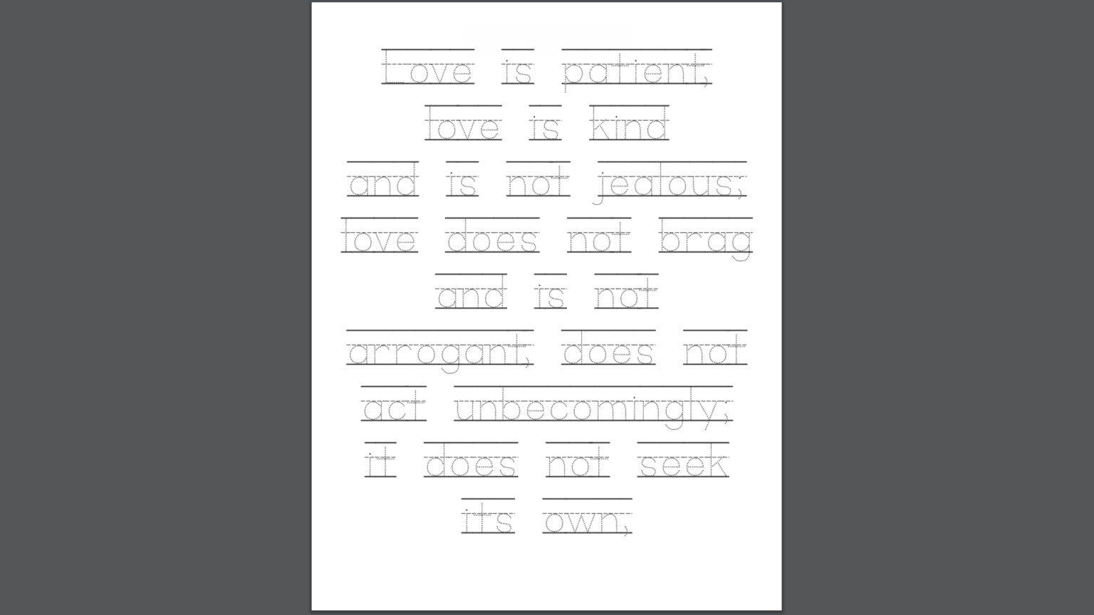 1 Corinthians 13:4-8 Letter Tracing Worksheets - Ministry To Children