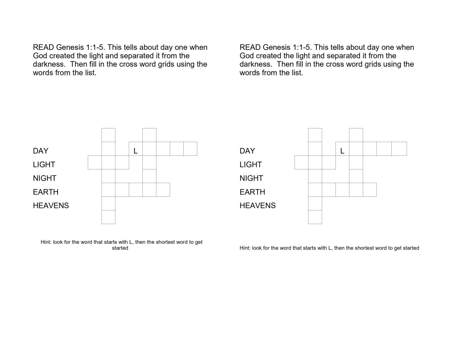Simple Crossword Activity Sheets about the Creation Story - Ministry To ...
